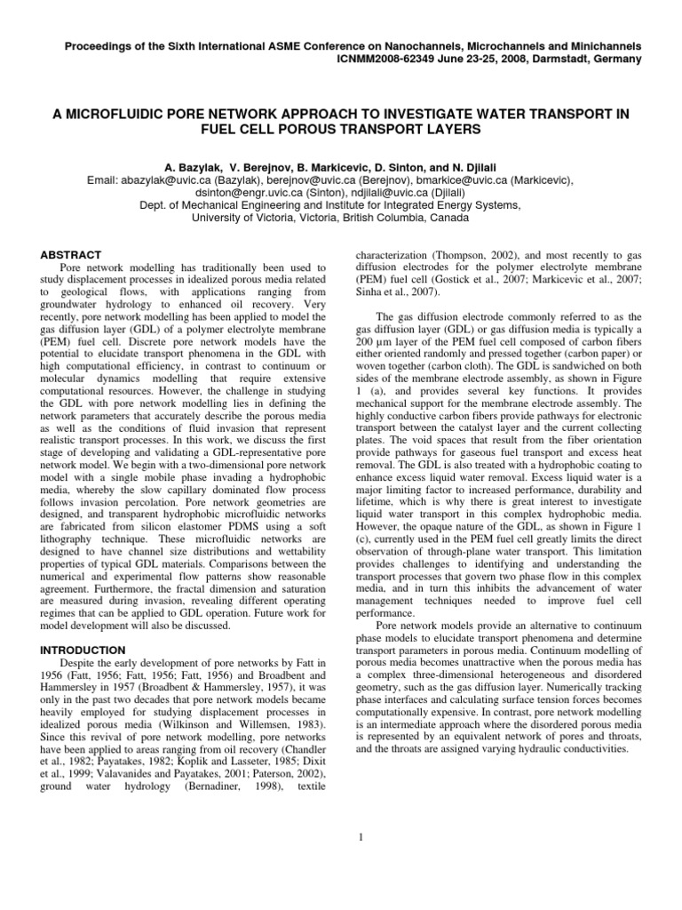 A Microfluidic Pore Network Approach To Investigate Water Transport in Fuel Cell Porous ...