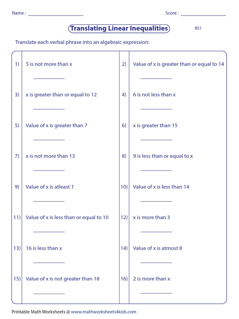 Translating Linear Inequalities Worksheet | PDF