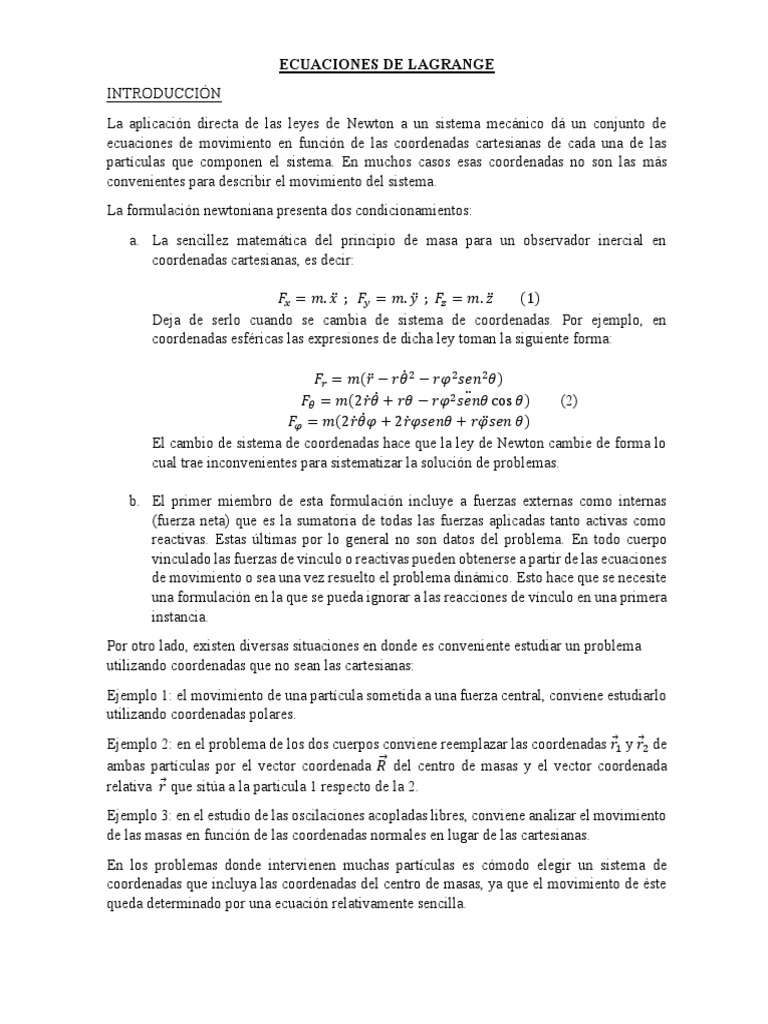 Ecuaciones de Lagrange | PDF | Mecánica Lagrangiana | Sistema coordinado
