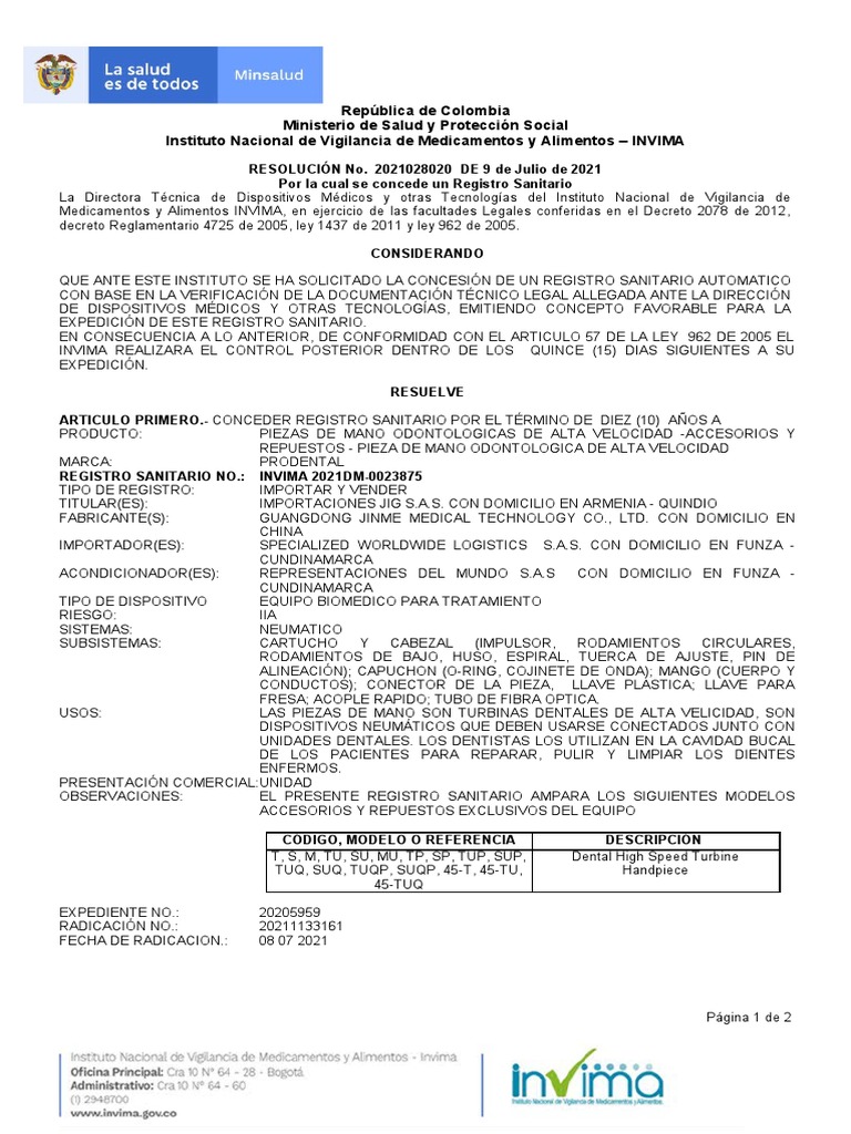 Registro Sanitario Invima Piezas de Alta Velocidad Prodental ...