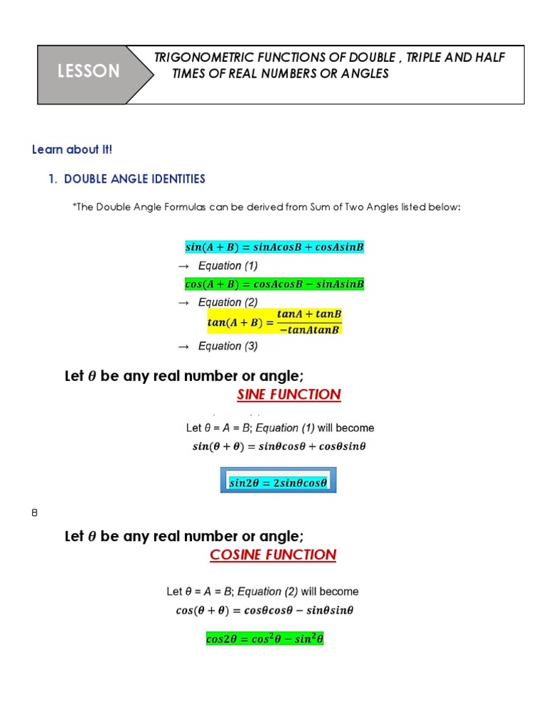 Double Half Triple Angle Identities | PDF | Trigonometric Functions ...