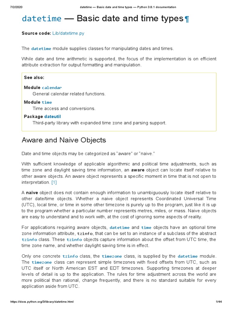 Python 3.8.1 - Datetime - Basic Date and Time Types | PDF | Parameter ...