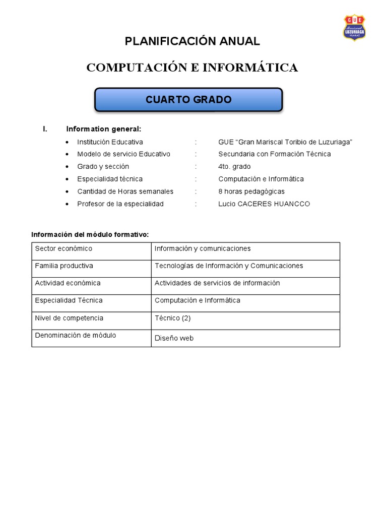 PLANIFICACION ANUAL DE COMPUTACION - 4to - LUCIO CACERES HUANCCO | PDF | Iniciativa empresarial ...
