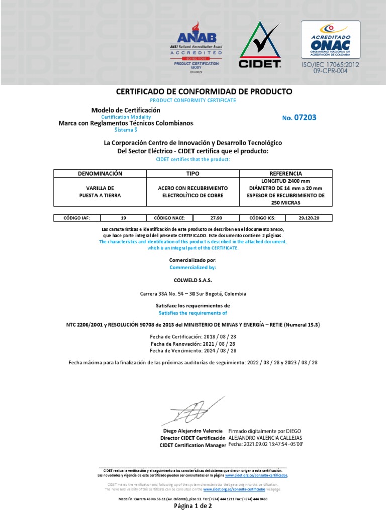 COLWELD-VARILLACOBRIZADA RETIE 07203 | PDF | Electricidad | Ingeniería ...