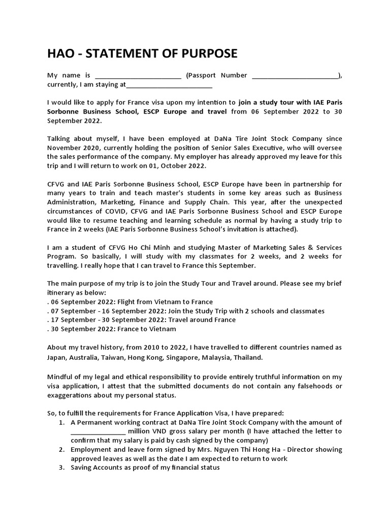 SOP Sample 1 | PDF | Travel Visa | Passport