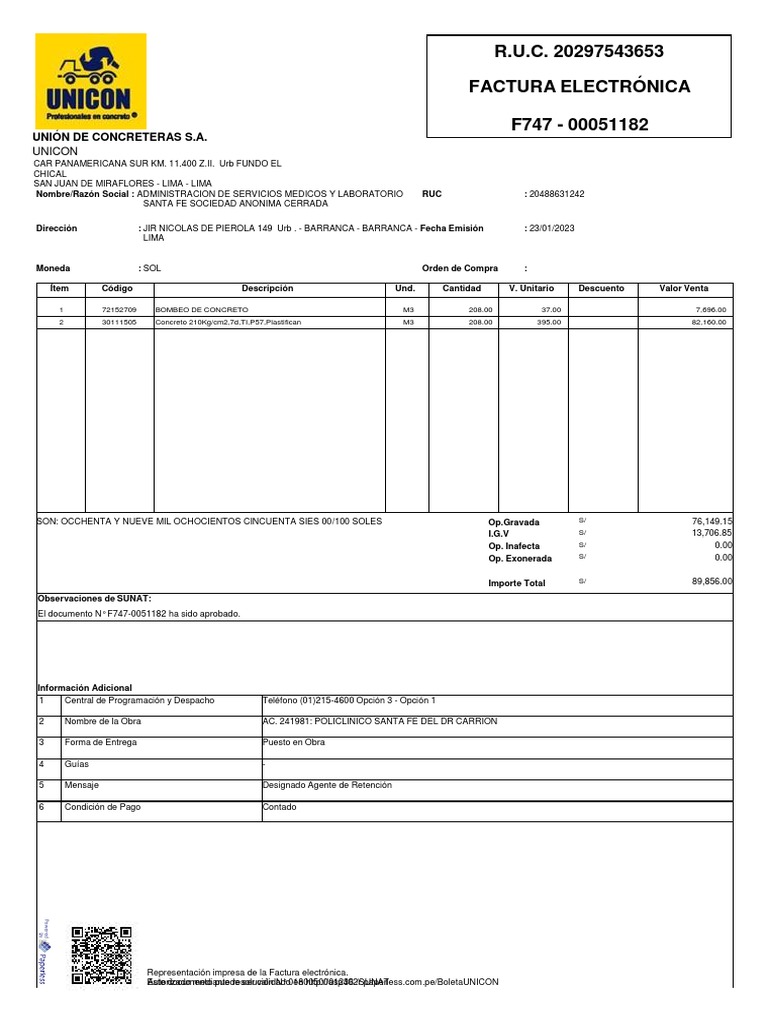 Factura Electrónica de Construcción UNICON | PDF | Servicios (economía ...
