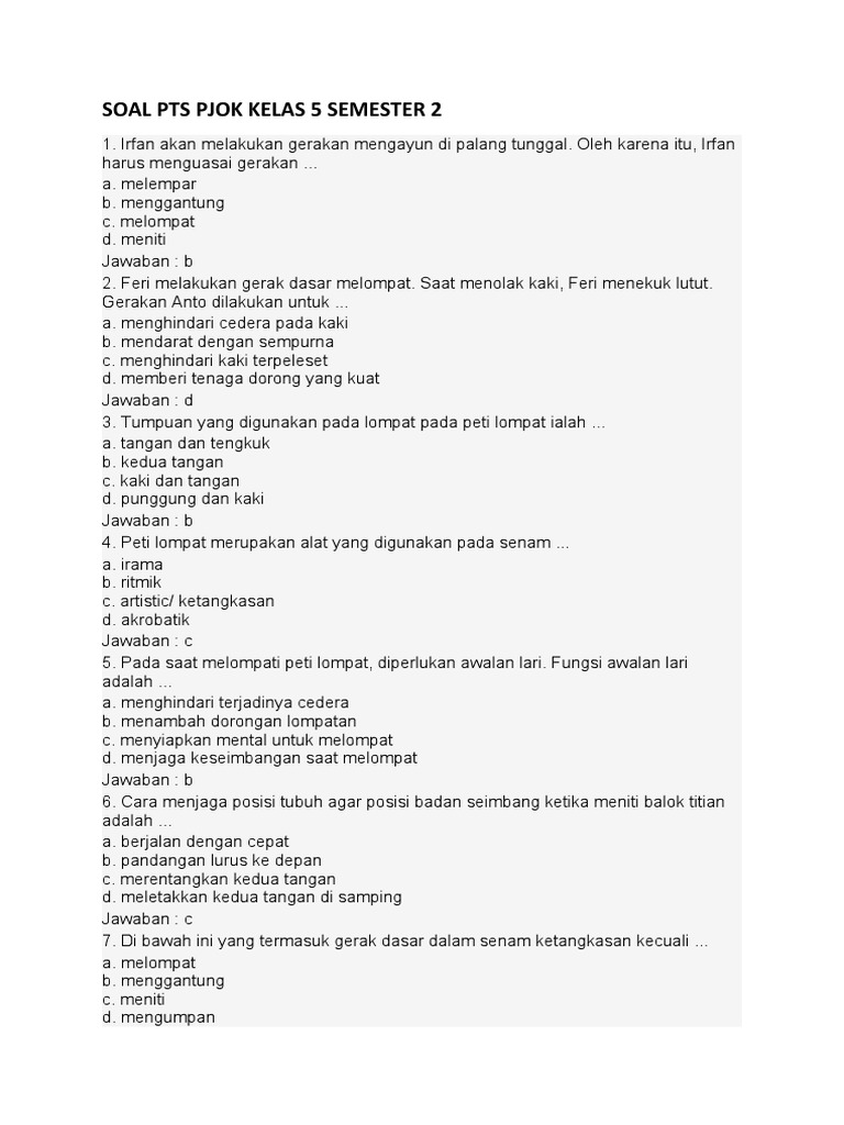 Soal PTS Pjok Kelas 5 Semester 2 | PDF