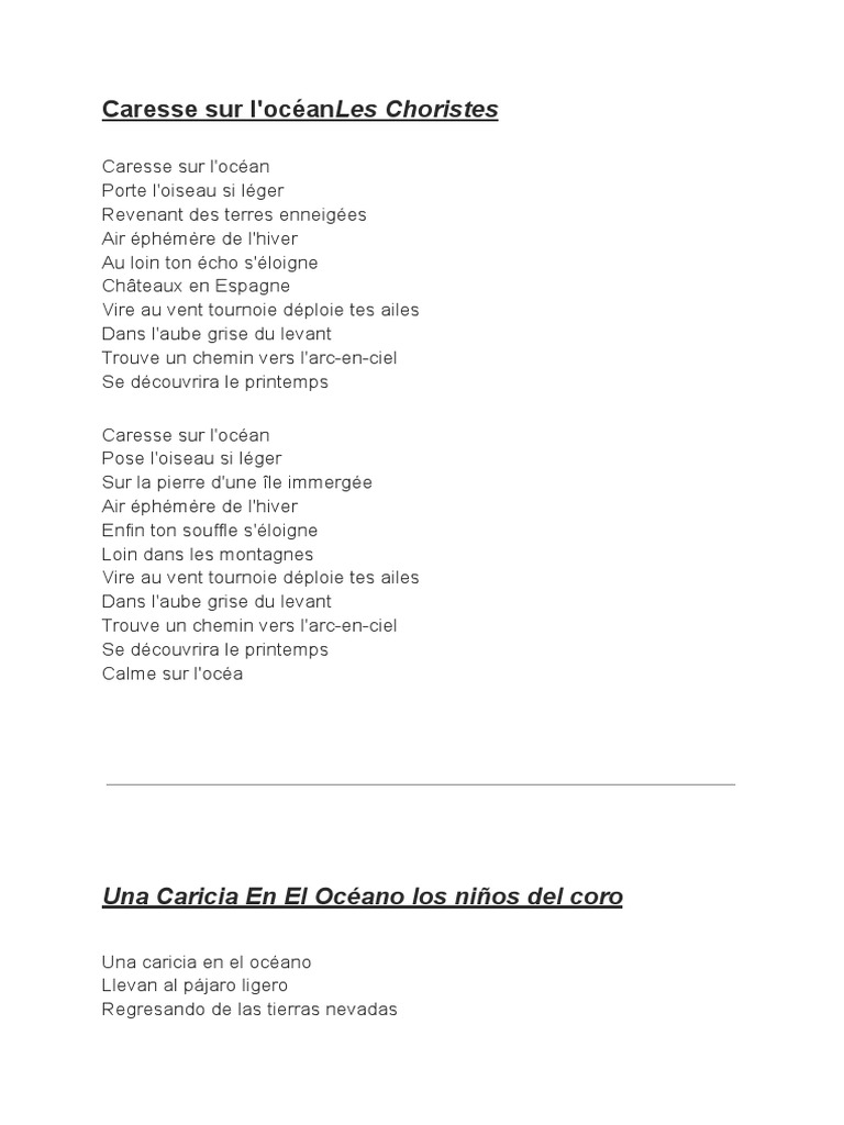 Caresse Sur L'océan Les Choristes Letra Frances y Castellano. Partitura ...