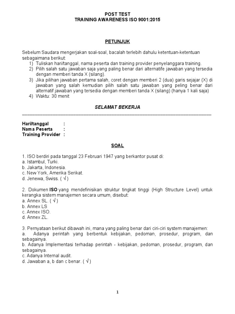 Post Test Training Awareness ISO 9001 2015 | PDF