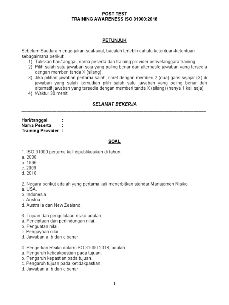 Post Test Training Awareness ISO 31000 2018 | PDF