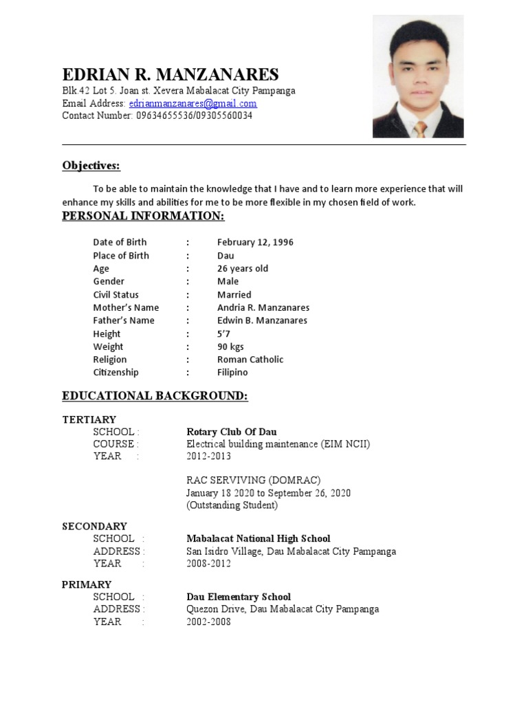 Edrian Manzanares Resume New | PDF | Air Conditioning | Temperature
