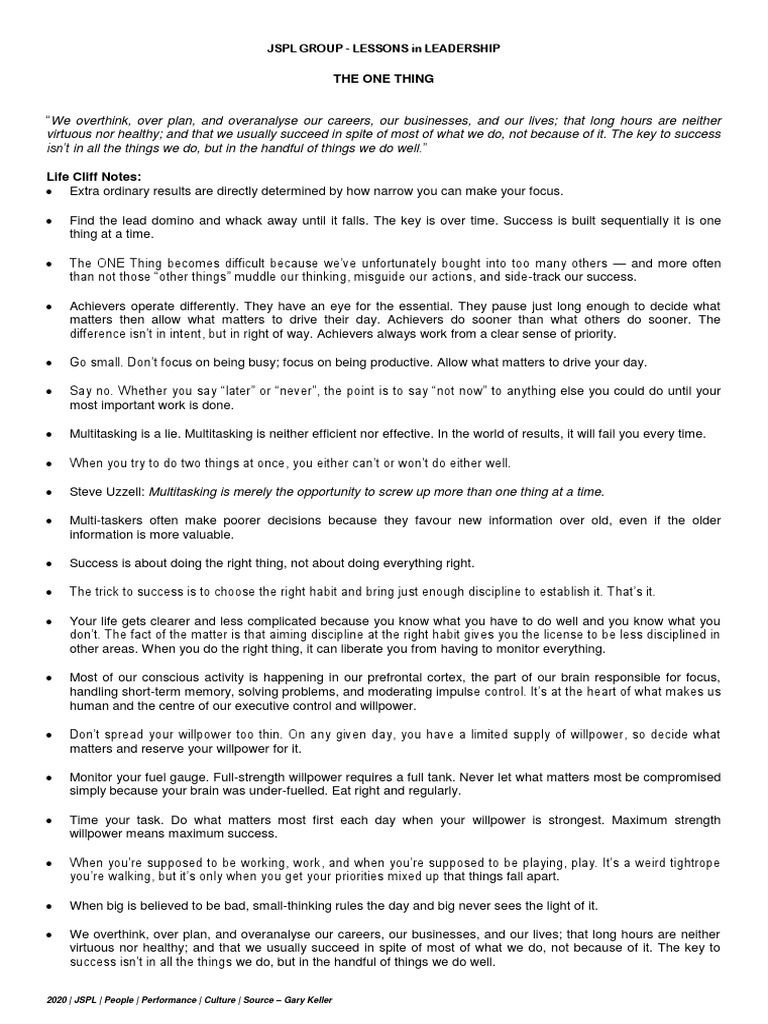 The One Thing - Summary | PDF | Self-Management | Self Control