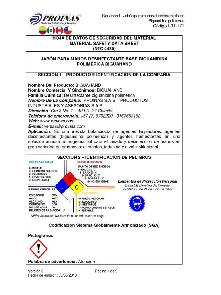 FDS - BIGUAHAND - PROINAS | PDF | Agua | Sustancias químicas