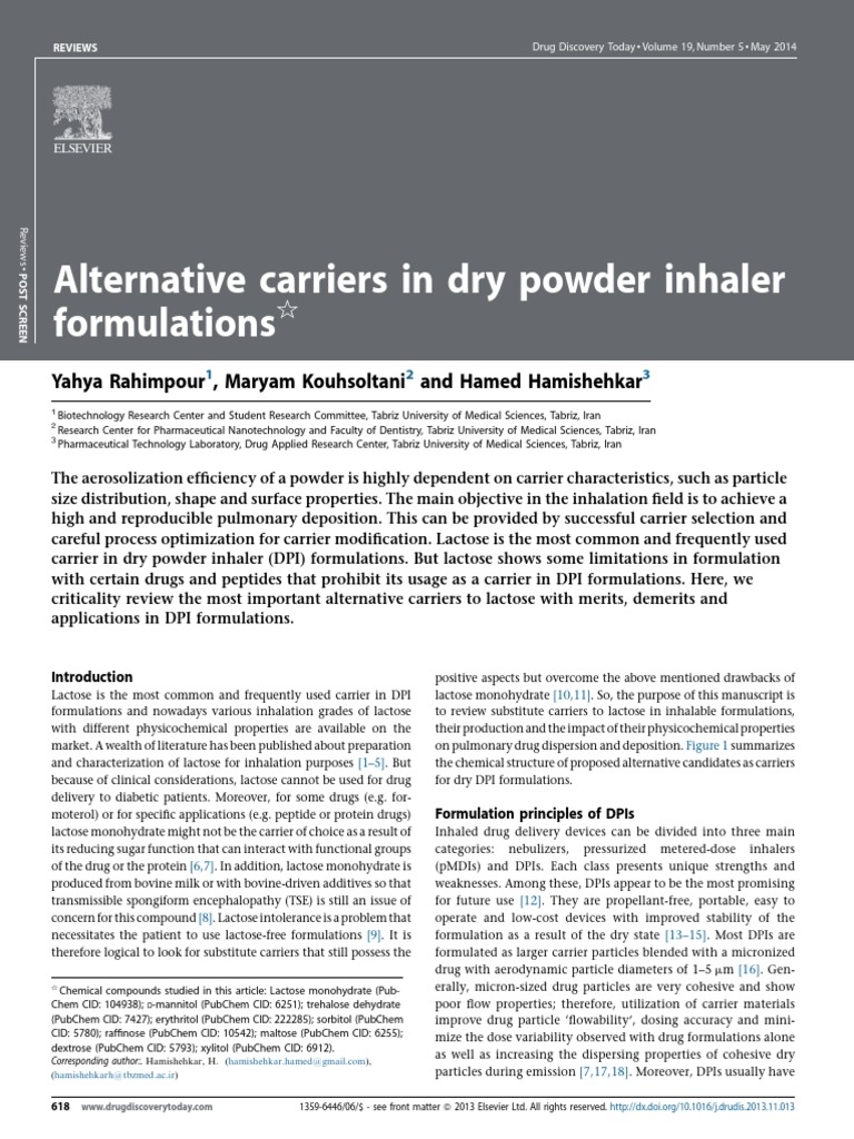 Alternative Carriers in Dry Powder Inhaler | PDF | Pharmaceutical ...