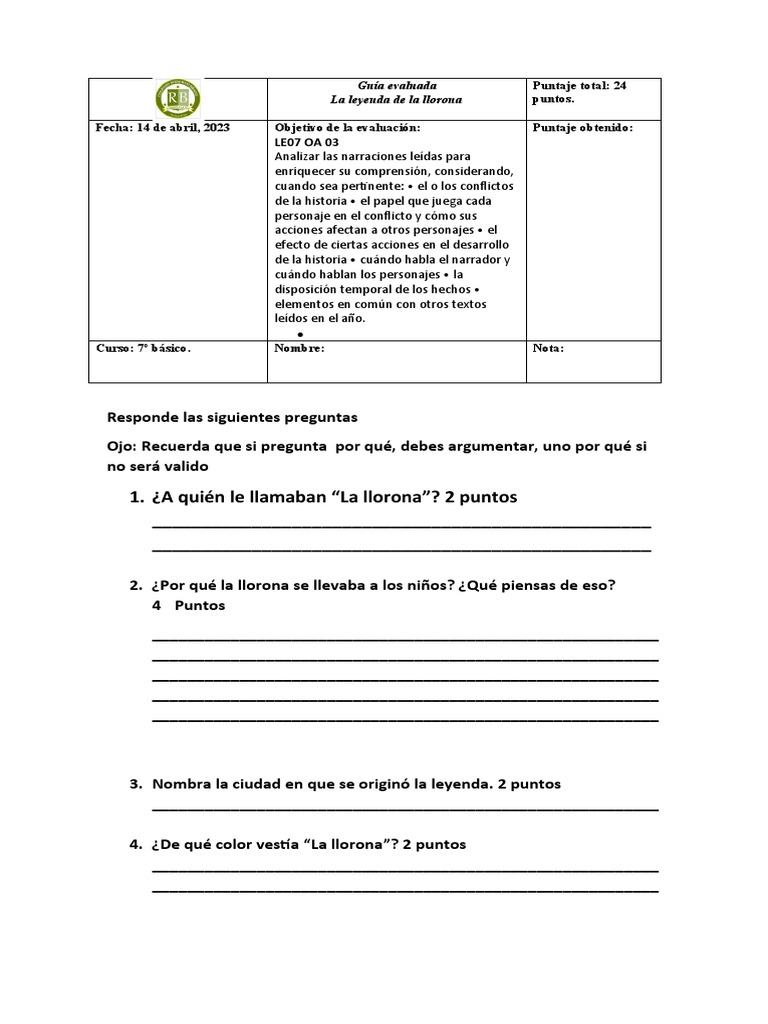 Guía Evaluada La Llorona | PDF | Juegos y actividades