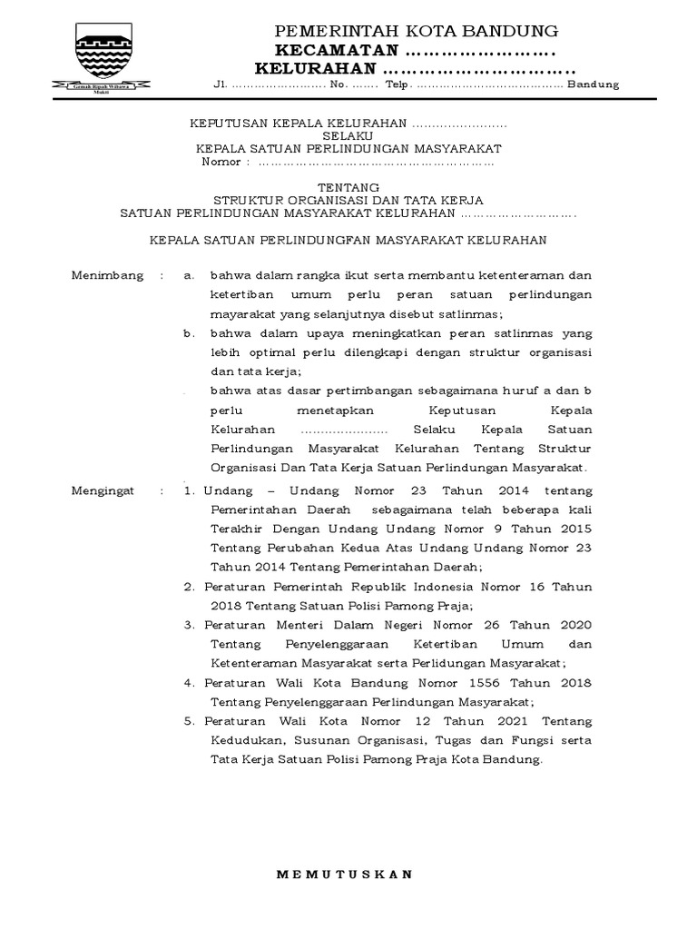 Struktur Organisasi Satlinmas Kelurahan | PDF