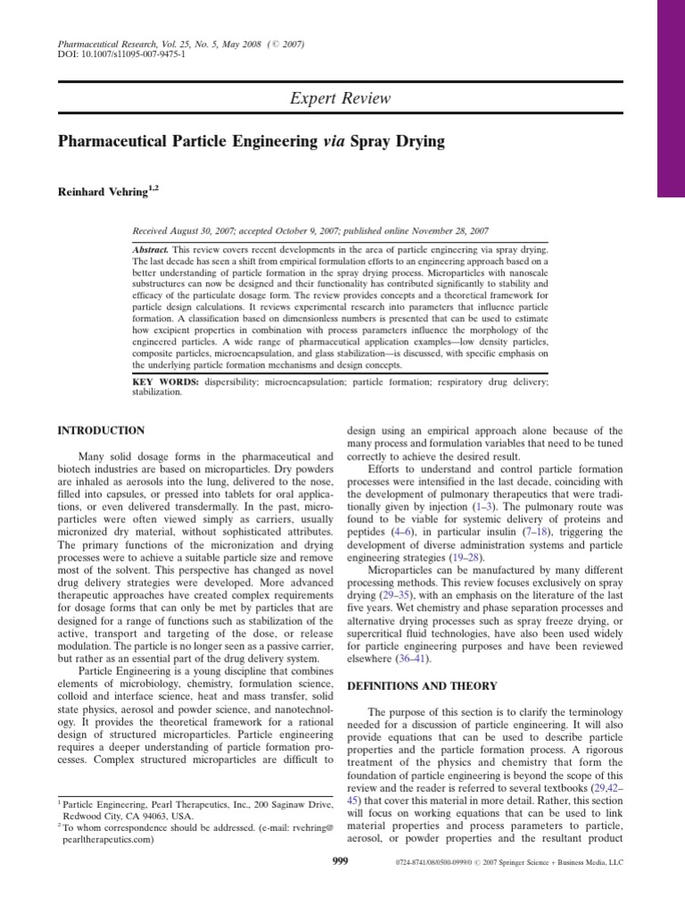 Pharmaceutical Particle Engineering Via Spray Drying | PDF | Colloid | Crystallization