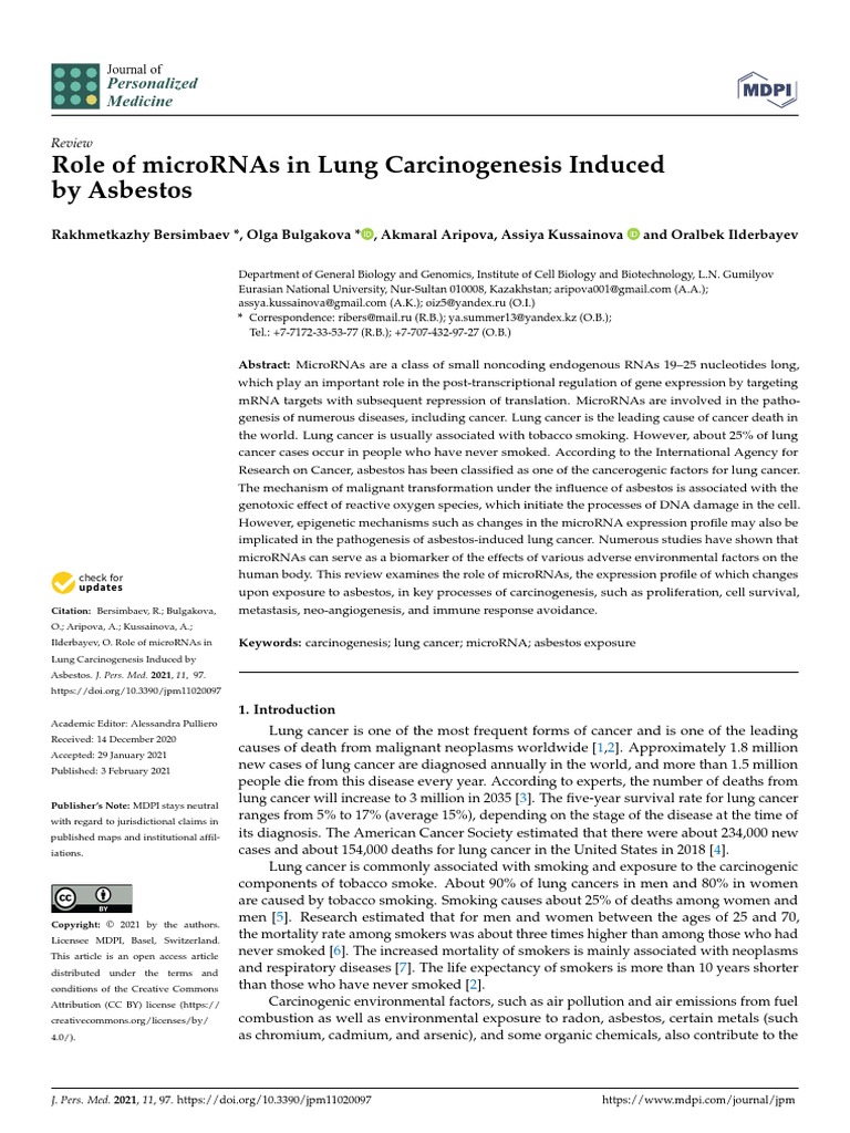 Role of MicroRNAs in Lung Carcinogenesis Induced by Asbestos | PDF | Metastasis | Micro Rna