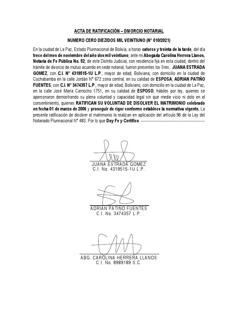 Ratificación de Divorcio Notarial en Bolivia | PDF