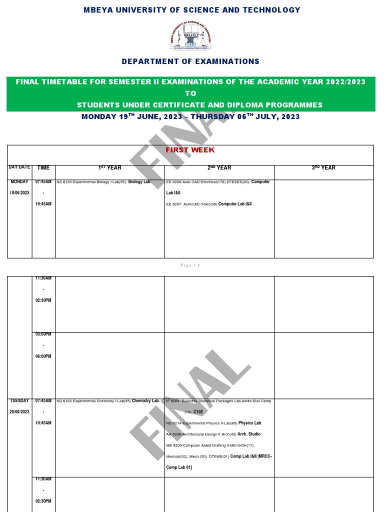 Final Timetable For Semester Ii Examinations of The Academic Year 2022/2023 TO Students Under ...
