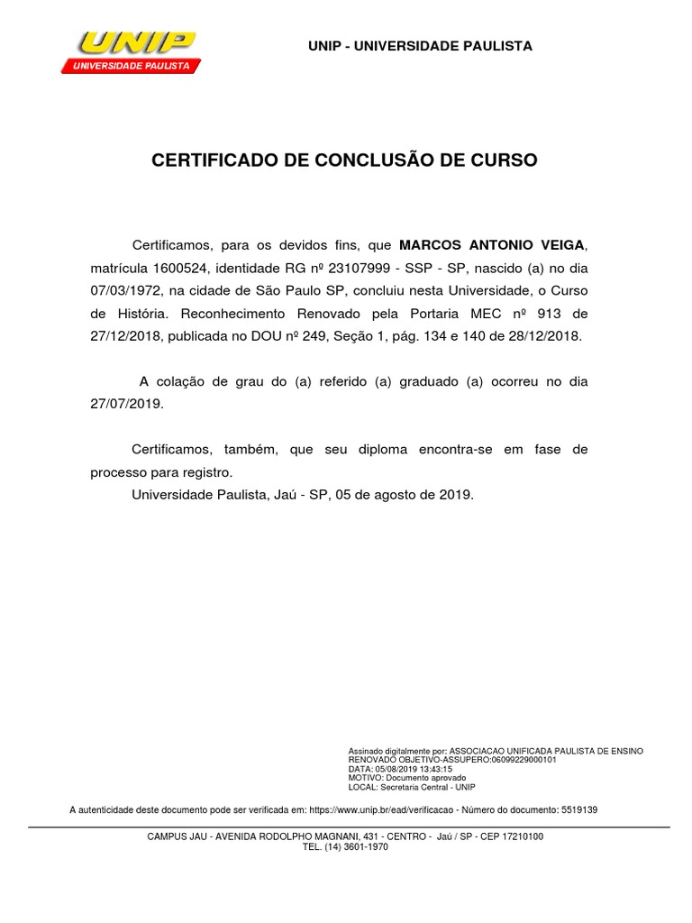 CERTIFICADO UNIP | PDF