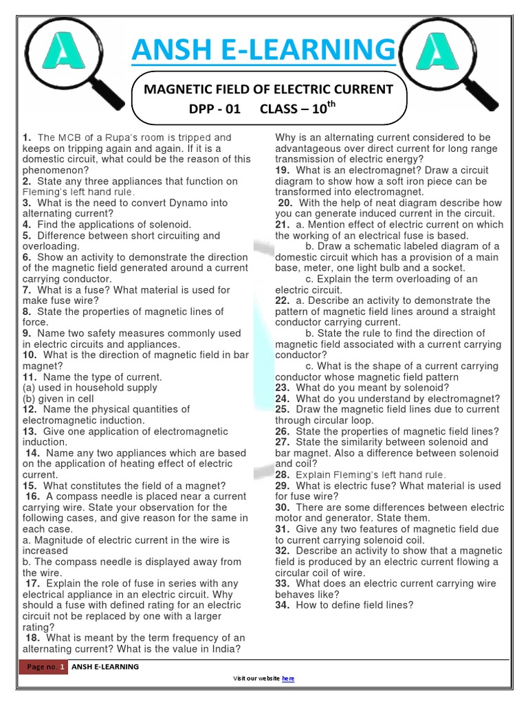 CH 13 Magnetic Fields of Electric Current DPP - 01 | PDF | Magnetic Field | Inductor