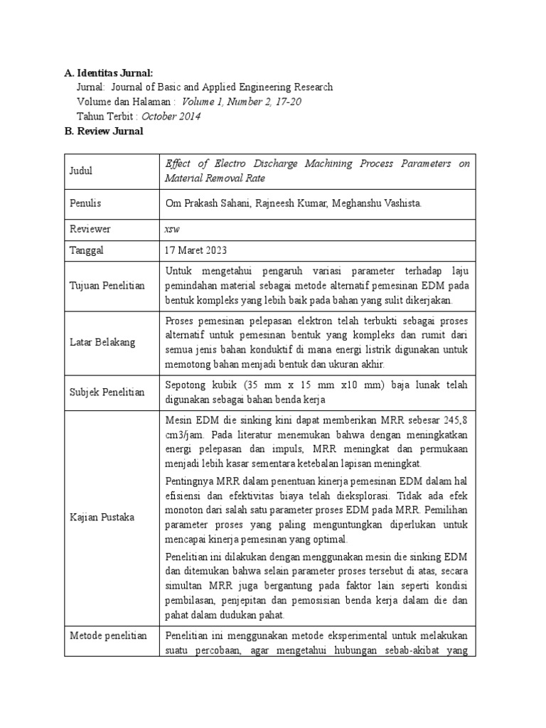Kelompok 1 - Tugas Review Jurnal Pemesinan EDM 1 | PDF