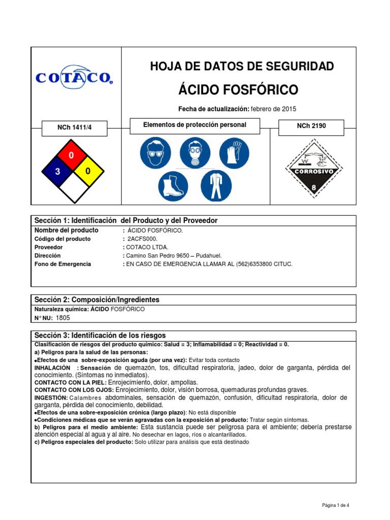 Ficha de Seguridad del Ácido Fosfórico | PDF | Agua | Residuos