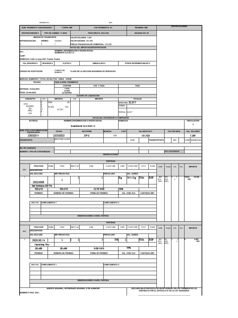 Ejemplo de Pedimento Aduanal Completo | PDF | aduana | Pagos