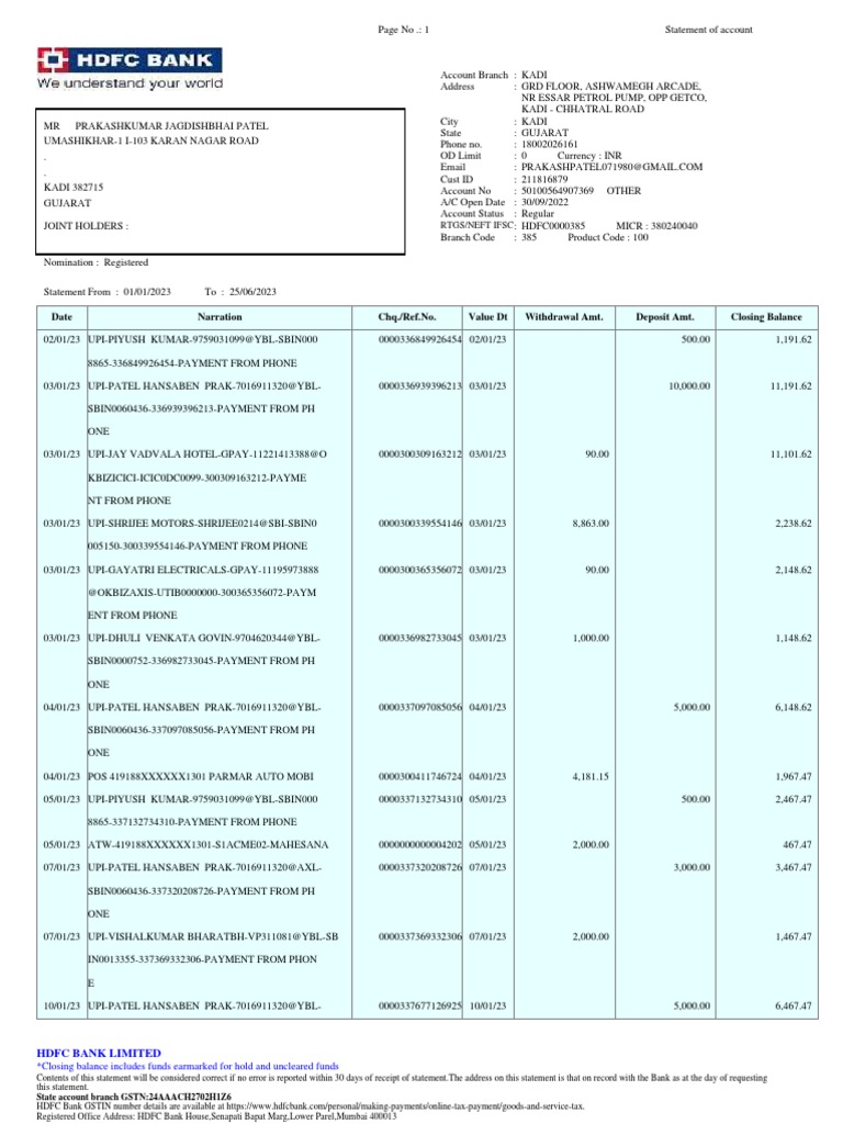 HDFC Bank Account Statement Summary | PDF | Financial Markets ...