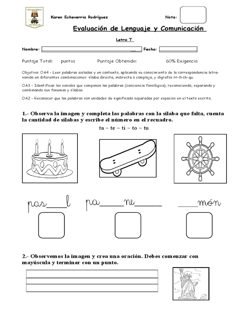 Evaluación de la Letra T para Primer Grado | PDF | Artes del Lenguaje y ...