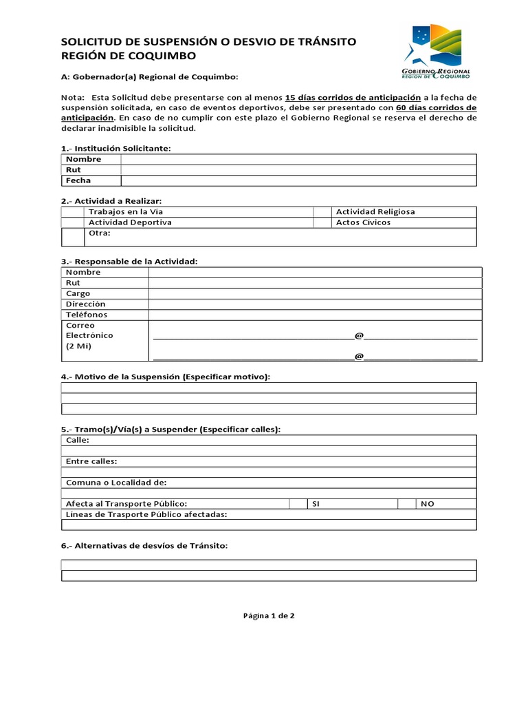 FORMULARIO SUSPENCION DE TRANSITO_GORE Coquimbo.docx | PDF