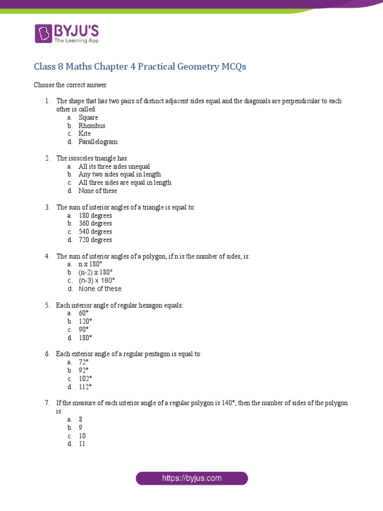 Class 8 Maths Chapter 4 Practical Geometry MCQs | PDF