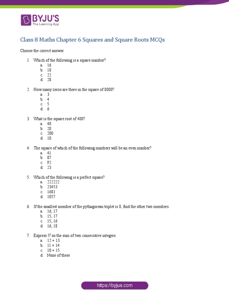 Class 8 Maths Chapter 6 Squares and Square Roots MCQs | PDF