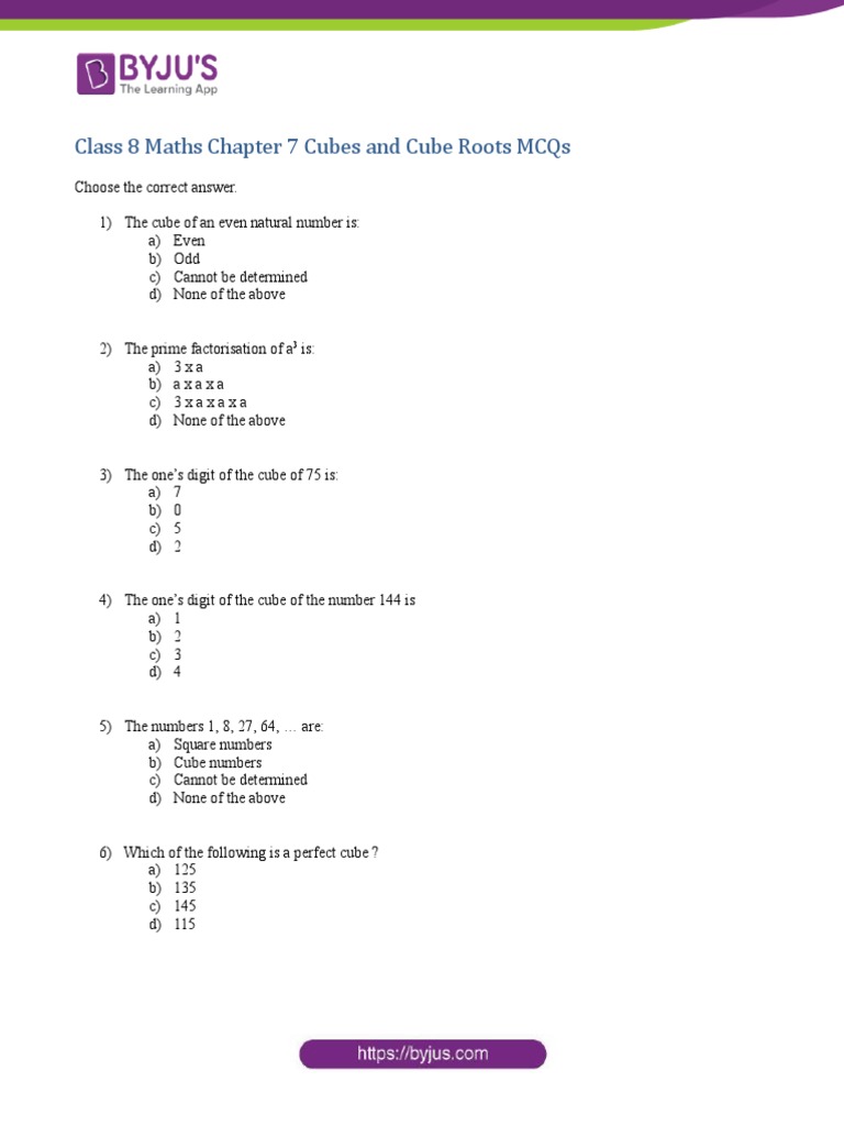 Class 8 Maths Chapter 7 Cubes and Cube Roots MCQs | PDF | Computers