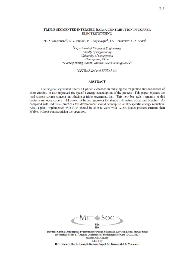 2012 Wiechmann Triple Segmented Intercell Bar A Contribution in Copper ...