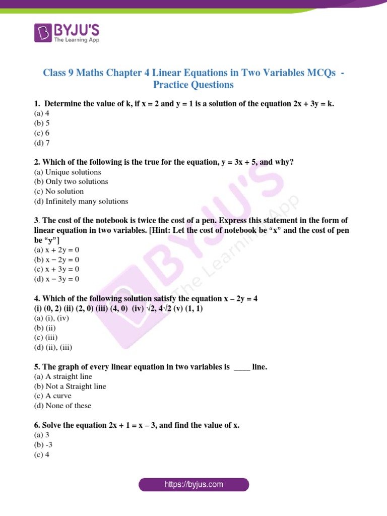 Class 9 Maths Chapter 4 Linear Equations in Two Variables MCQs | PDF