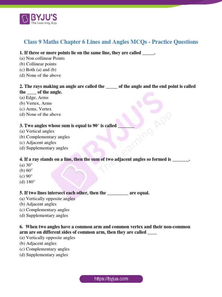 Class 9 Maths Chapter 6 Lines and Angles MCQs | PDF