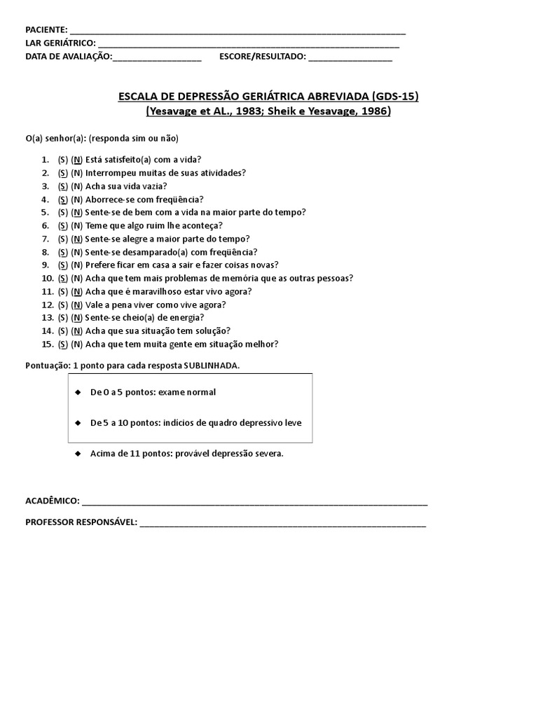 ESCALA DE DEPRESSÃO GERIÁTRICA ABREVIADA (GDS-15) | PDF