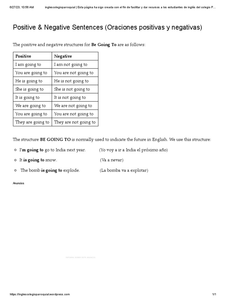 2 - Positive & Negative Sentences (Oraciones Positivas y Negativas) | PDF