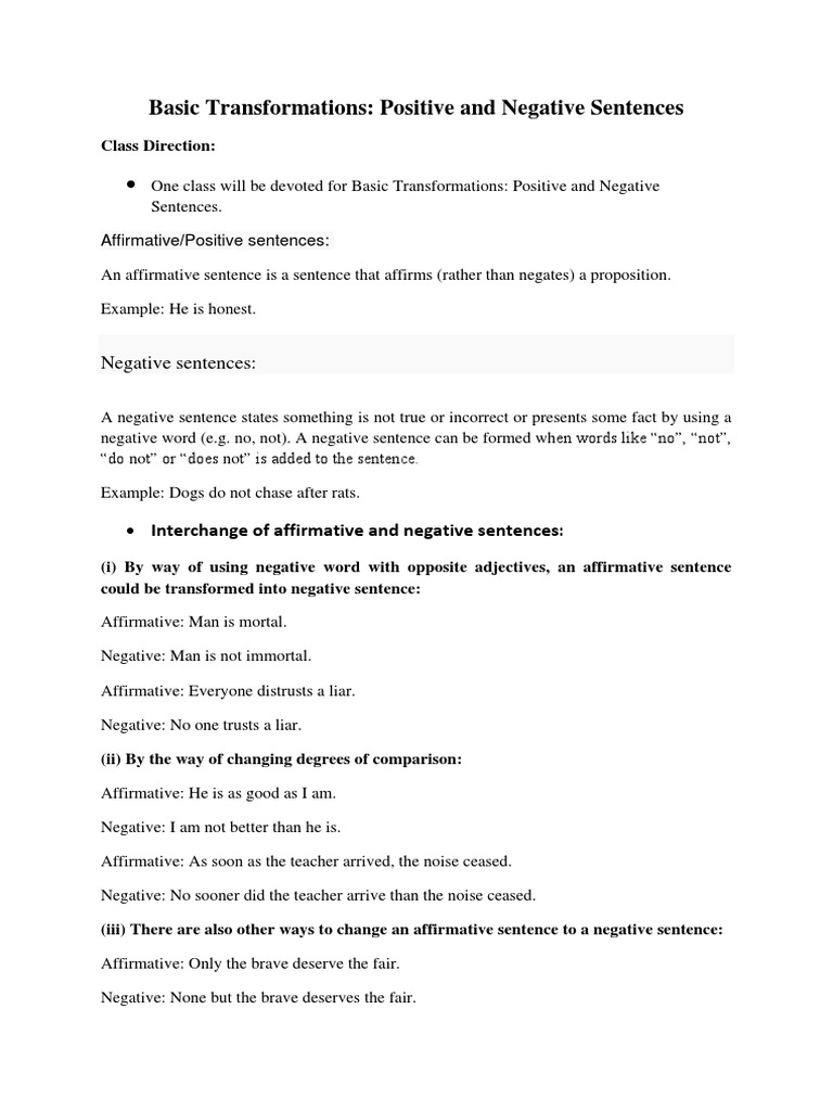 Positive & Negative Sentences | PDF