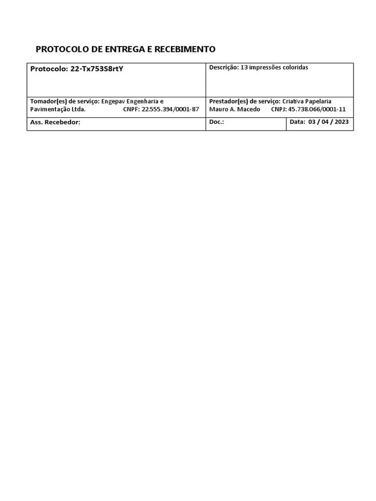 Protocolo de Entrega e Recebimento | PDF