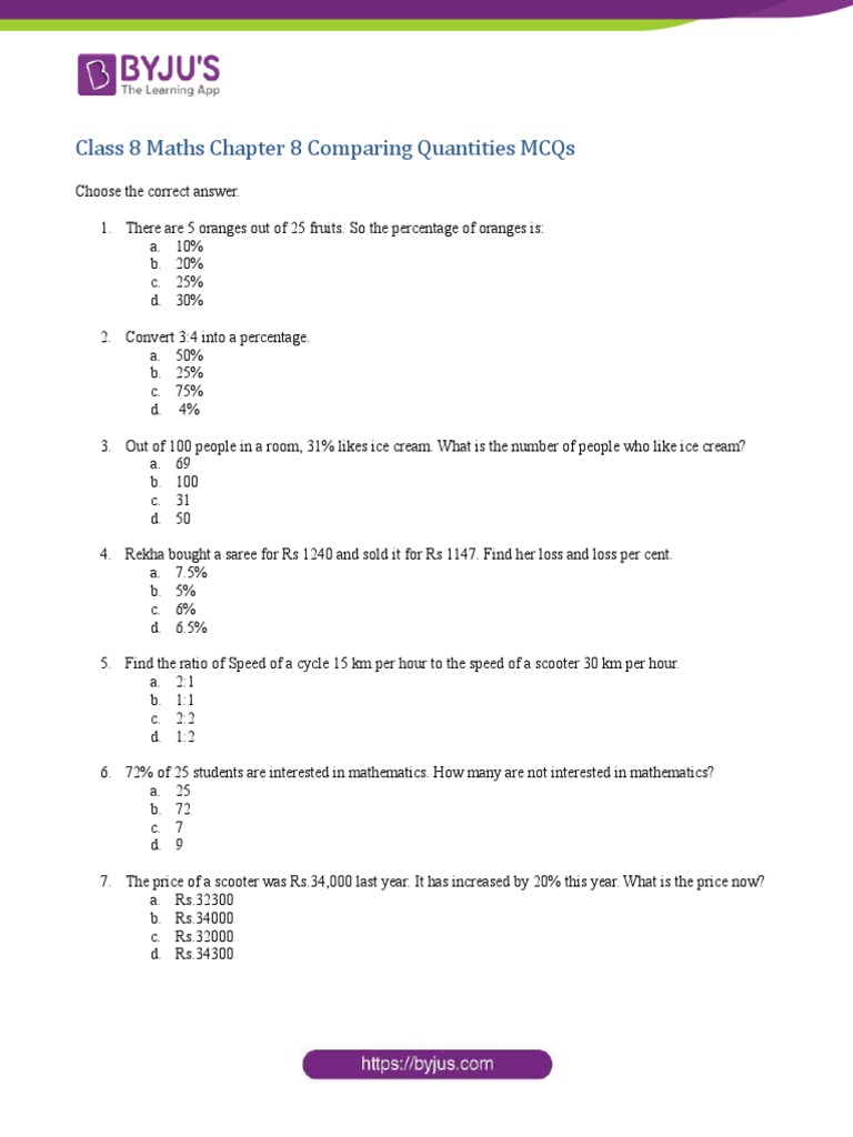 Class 8 Maths Chapter 8 Comparing Quantities MCQs | PDF