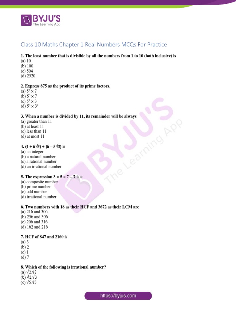 Class 10 Maths Chapter 1 Real Numbers MCQs For Practice | PDF