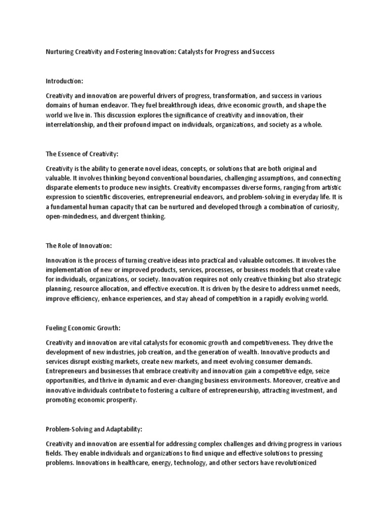 Nurturing Creativity and Fostering Innovation Catalysts For Progress and Success | PDF ...