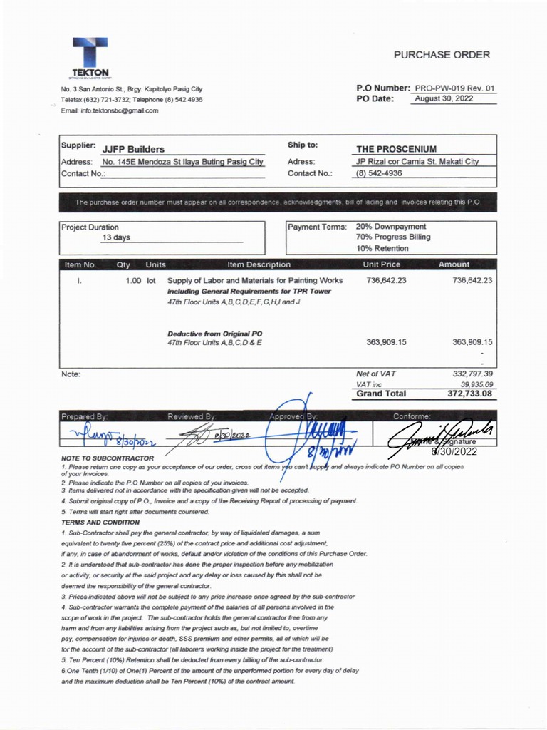 PO PRO-PW-019 Rev. 01 With Deductive - JJFP Subcon Painting Works at TPR 47F (22-PRO-PW-029 ...