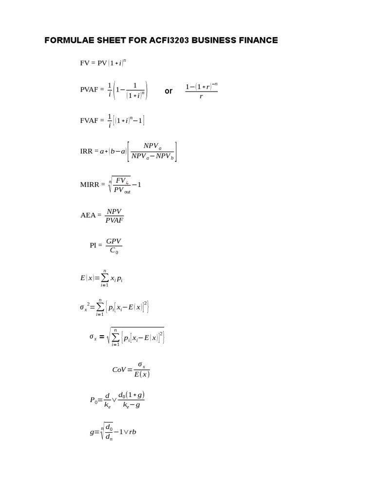 ACFI3203 Business Finance Formulae Sheet | PDF