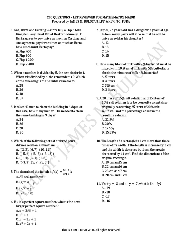200 Questions - LET Reviewer For Mathematics Major | PDF | Mathematical ...