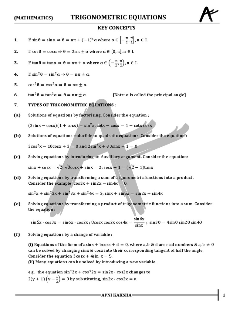 Sheet - 01 - Trigonometric Equations & Inequations | PDF | Equations ...