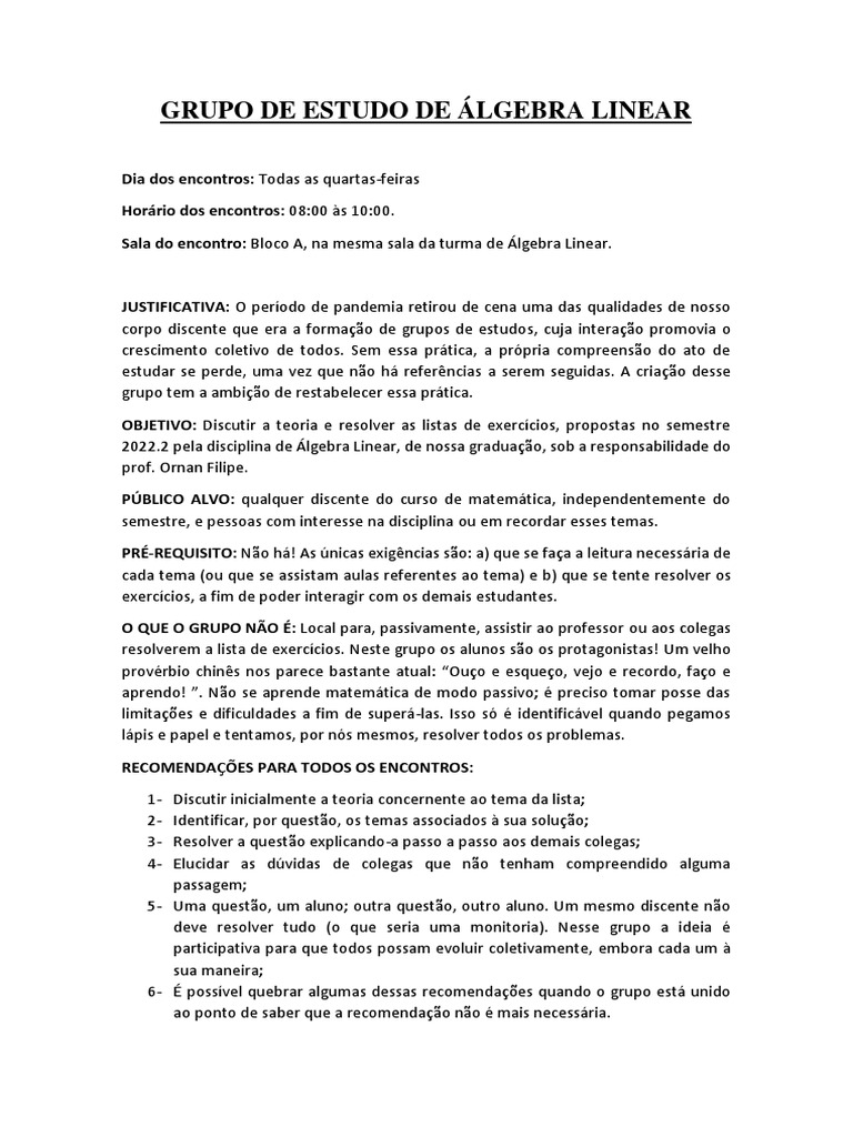 Grupo de Estudo de Álgebra Linear | PDF